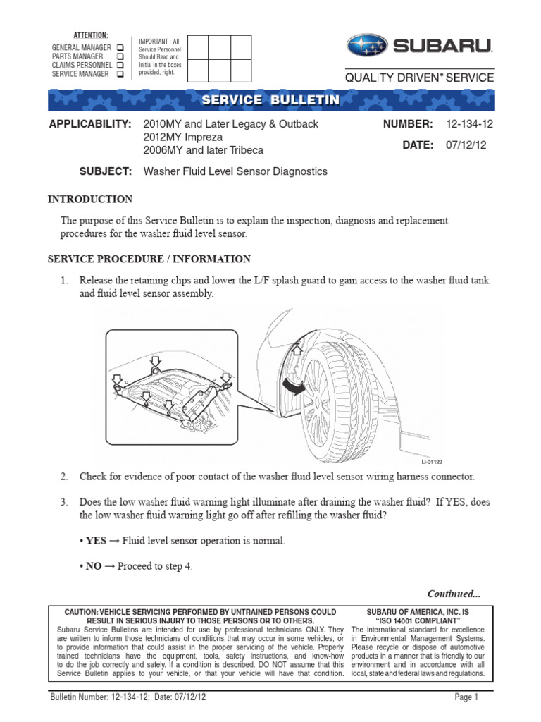 2020 Subaru Outback Washer Fluid Sensor