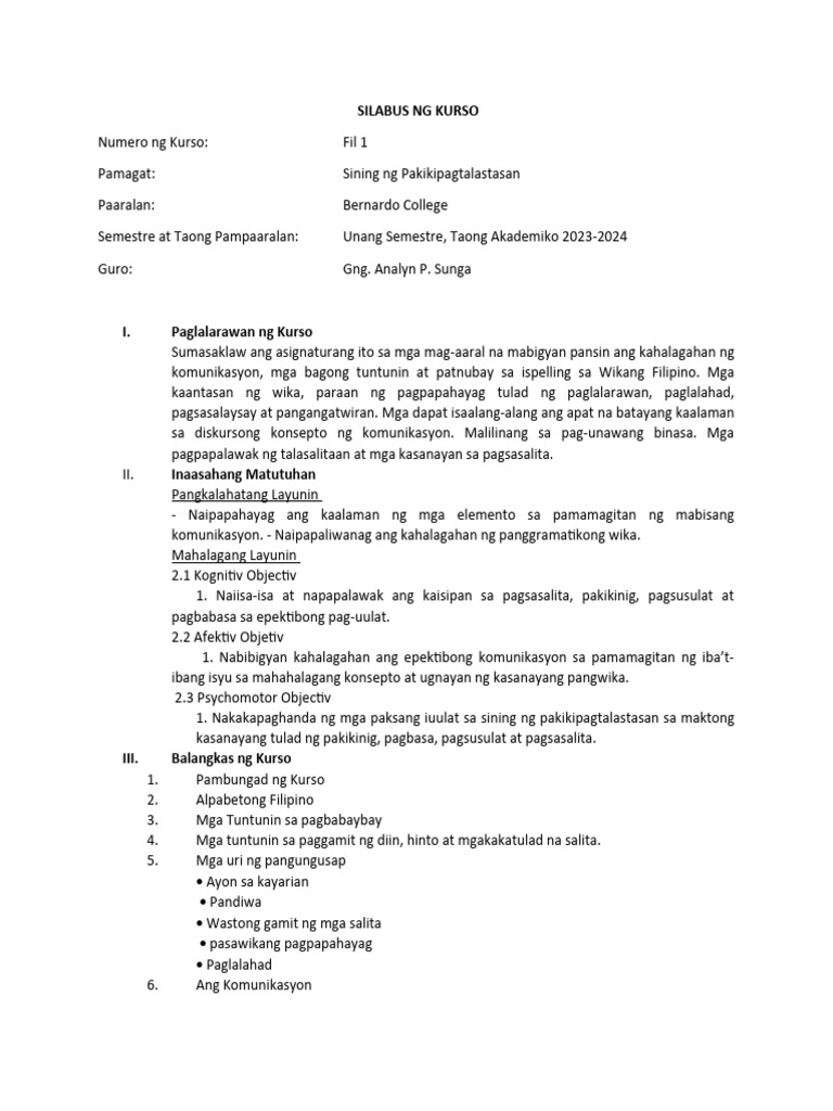 Sining NG Pakikipagtalastasan Silabus | PDF