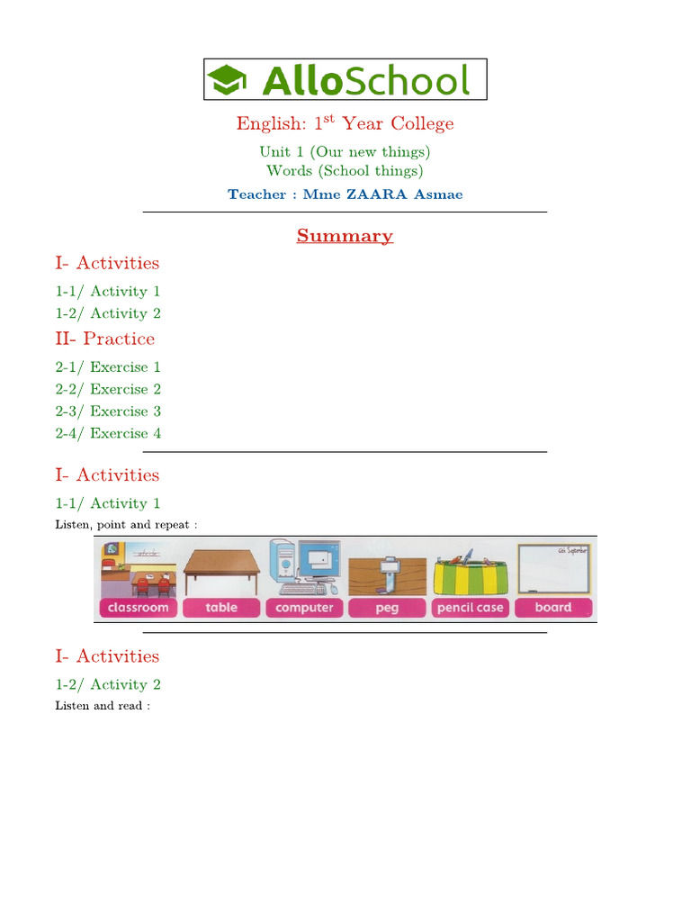 Unit 1 Words School Things 2 | PDF