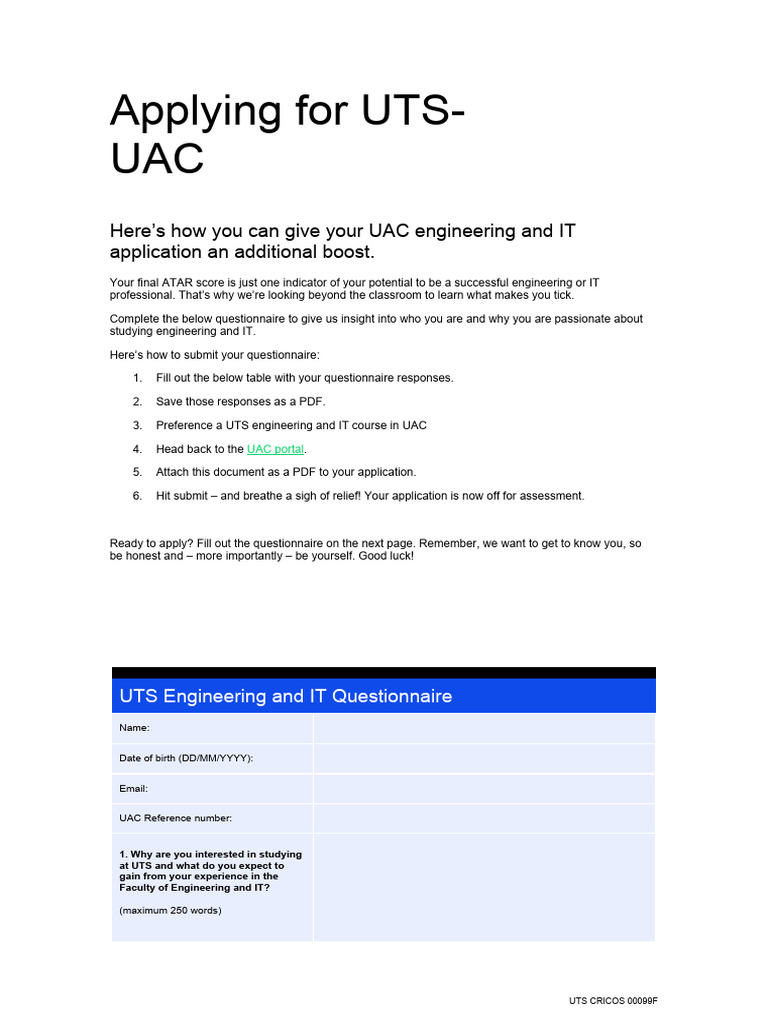 UTS Engineering and IT Questionnaire Template 2024 - FINAL | PDF