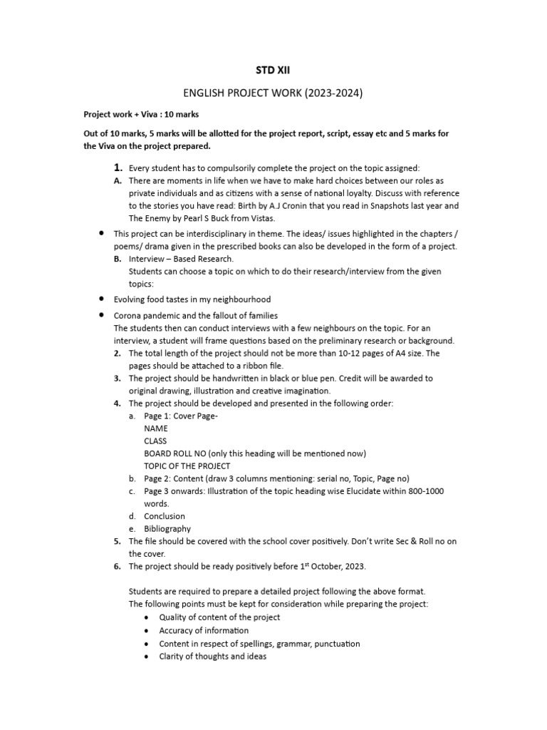 STD Xii Instructions For Project Work 2023-24 | PDF | Art
