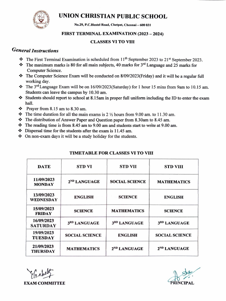 Union Christian Public School: General Instructions | PDF