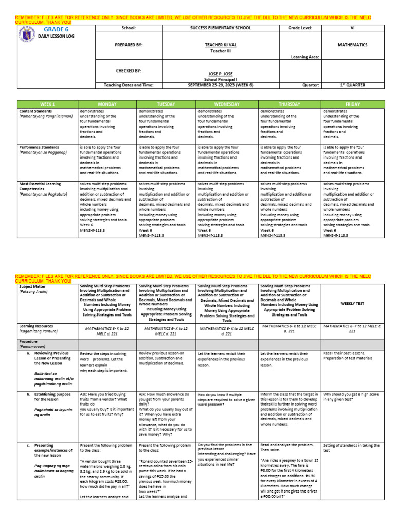 DLL - MATH 6 WEEK 6 - Q1 by Teacher KJ VAL | PDF