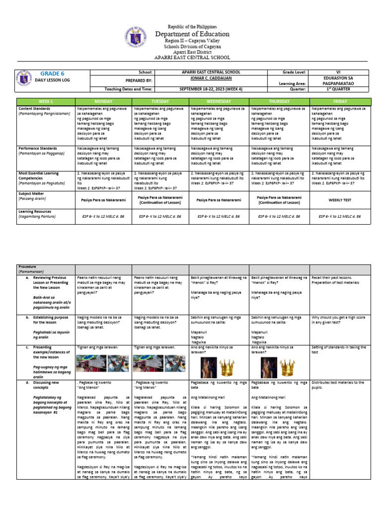 DLL - Esp6 Week 4 - q1 by Teacher KJ Val | PDF