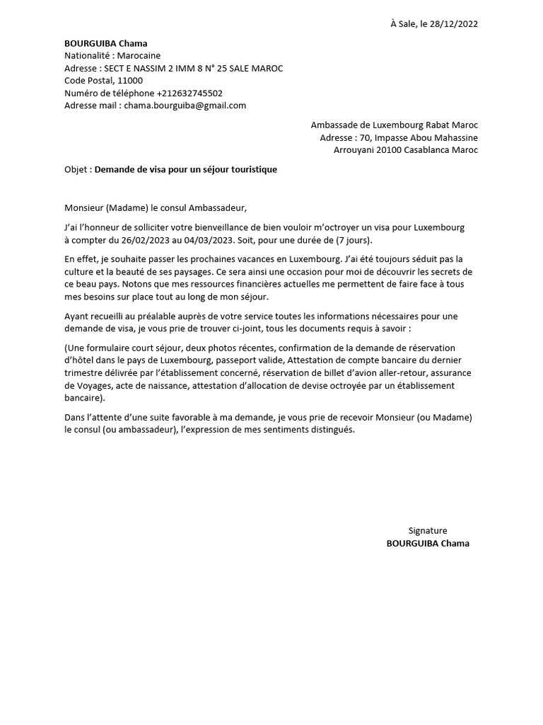 Demande de Visa Pour Un Séjour Touristique | PDF