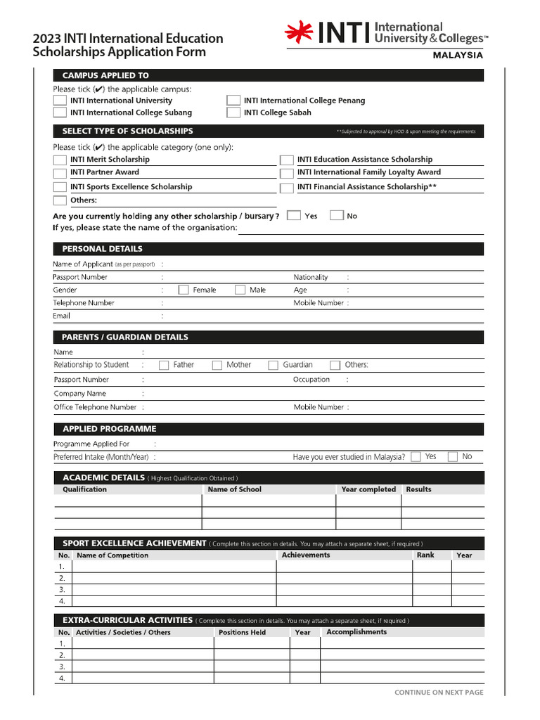 2023 INTI International Students Scholarship Application Form Final | PDF