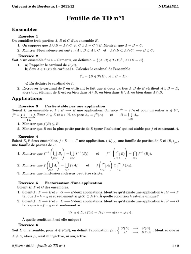 Feuille de TD N 1: Ensembles | PDF Feuille de TD N 1: Ensembles | PDF