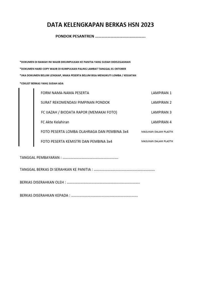 Berkas Lomba HSN 2023 Pondok Pesantren | PDF