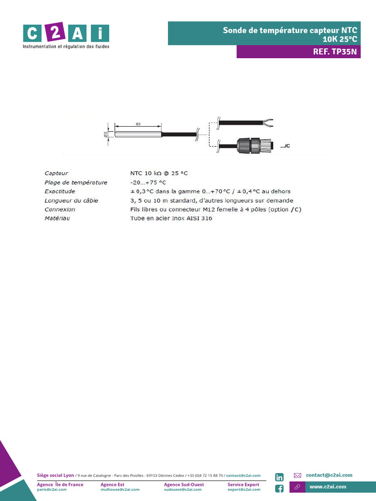 FT - TP35N - Sonde de Température Capteur NTC 10K 25°C - C2AI | PDF