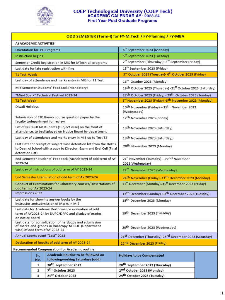 Academic Calender 2023-24 - FY PG | PDF