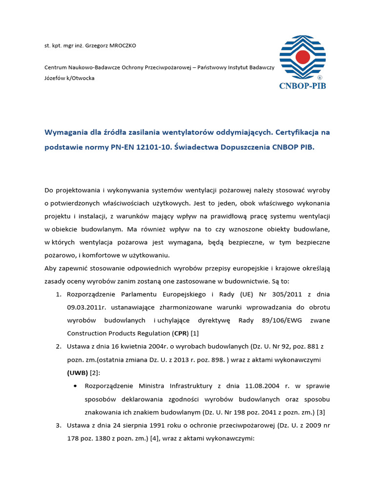 Zal NR 1 Wymagania Dla Źródła Zasilania Wentylatorów Oddymiających Certyfikacja Na Podstawie ...