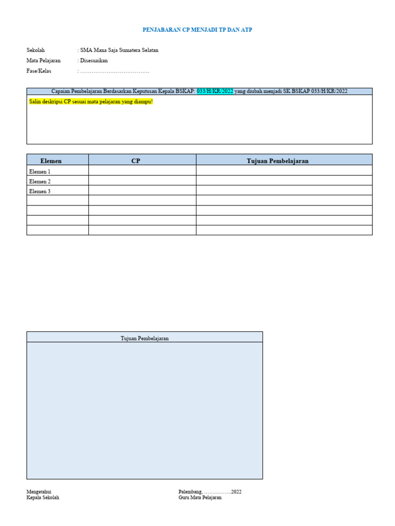 Contoh Format Penjabaran CP Menjadi TP Dan ATP | PDF