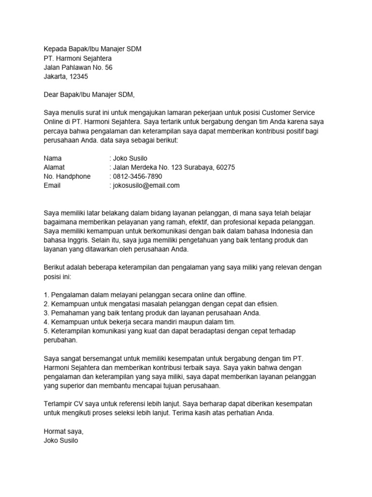 Surat Lamaran Kerja Customer Service | PDF