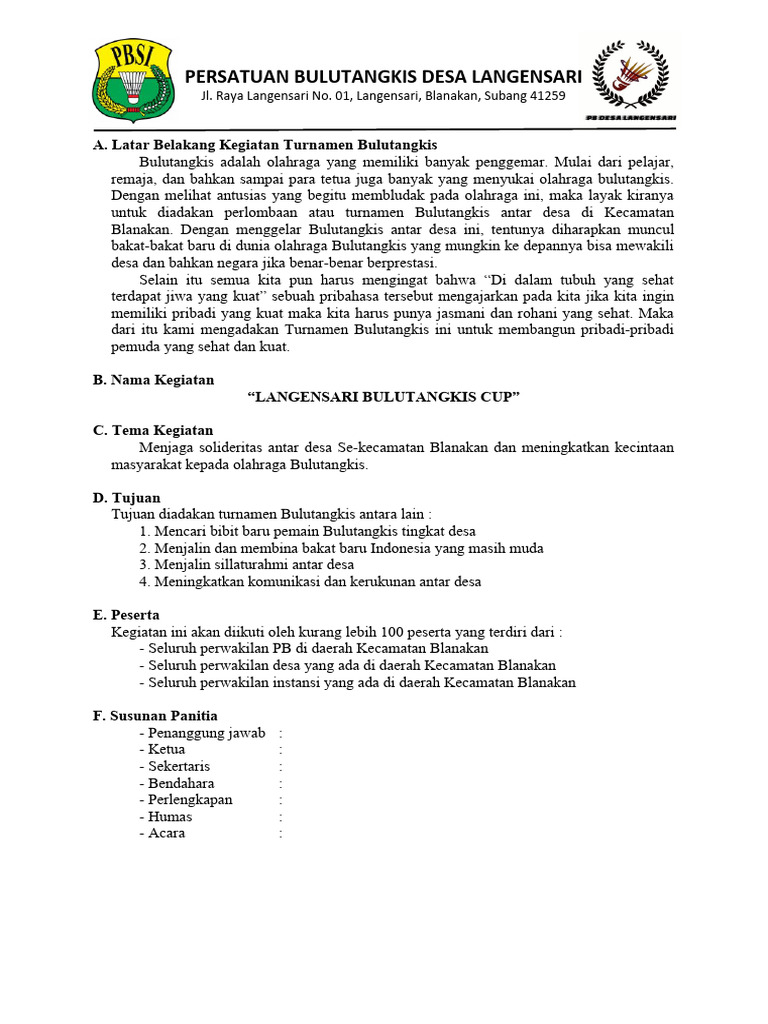30.contoh Proposal Kegiatan Turnamen Bulutangkis Antar Desa Dan ...
