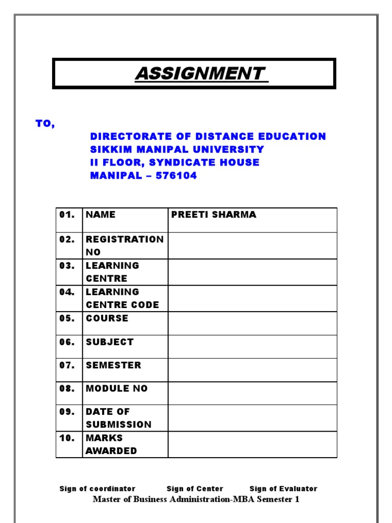 Assignment: TO, Directorate of Distance Education Sikkim Manipal ...