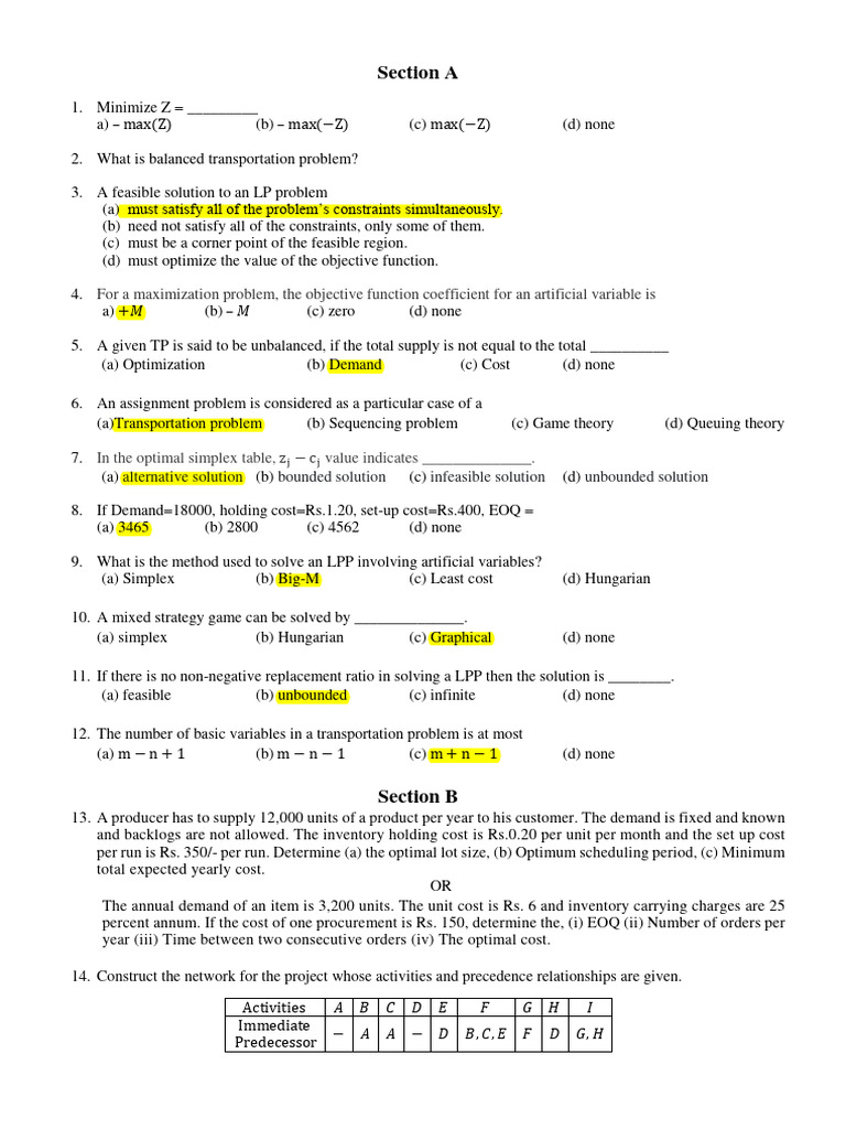 Section A: For A Maximization Problem, The Objective Function Coefficient For An Artificial ...