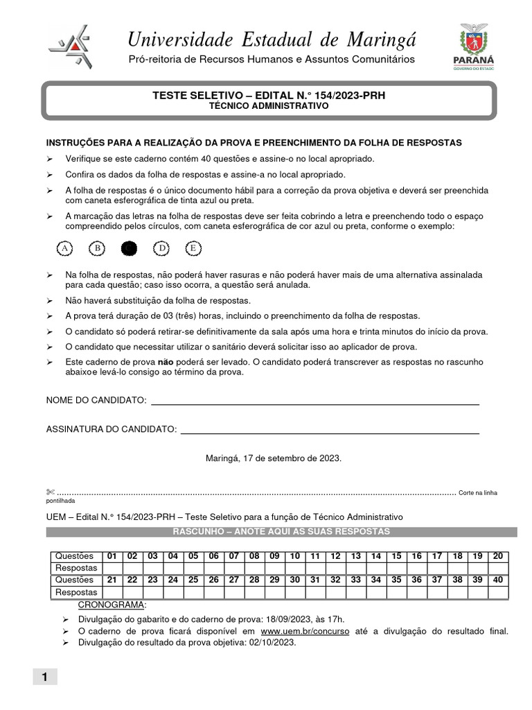 Caderno de Provas e Gabarito - Tecnico Administrativo | PDF