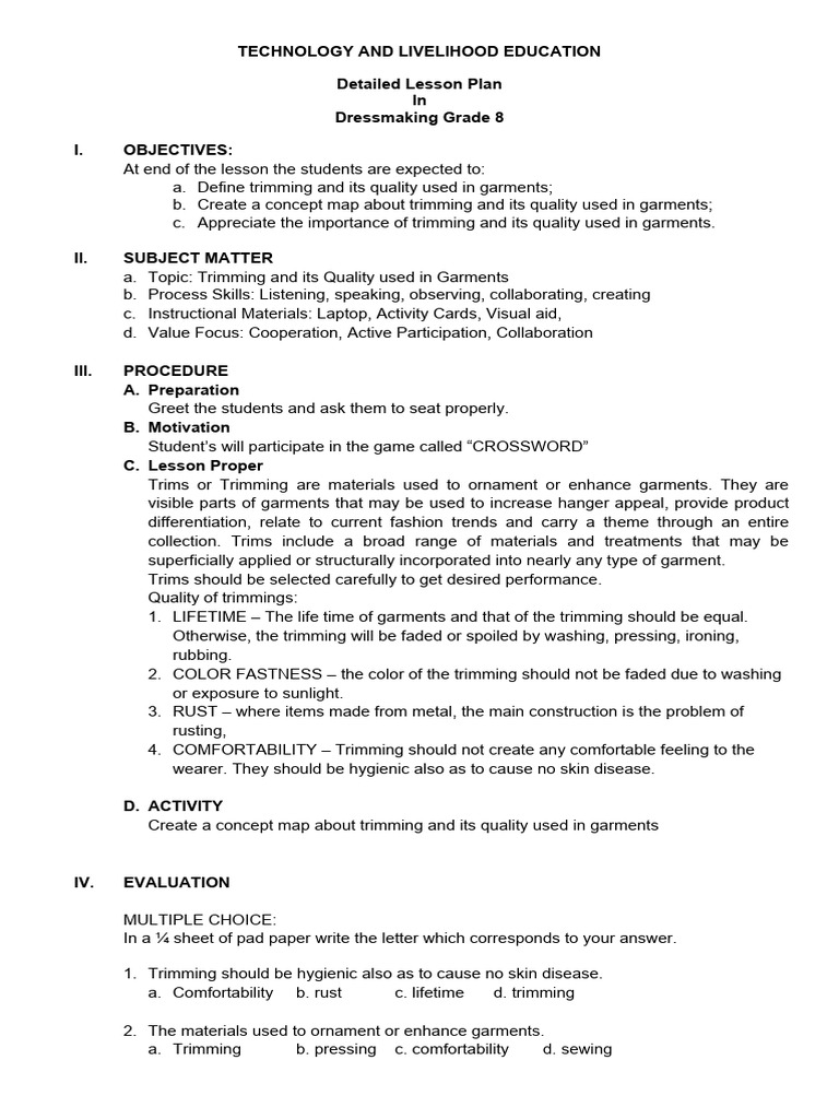 TECHNOLOGY AND LIVELIHOOD EDUCATION Dressmaking Semi | PDF TECHNOLOGY AND LIVELIHOOD EDUCATION Dressmaking Semi | PDF