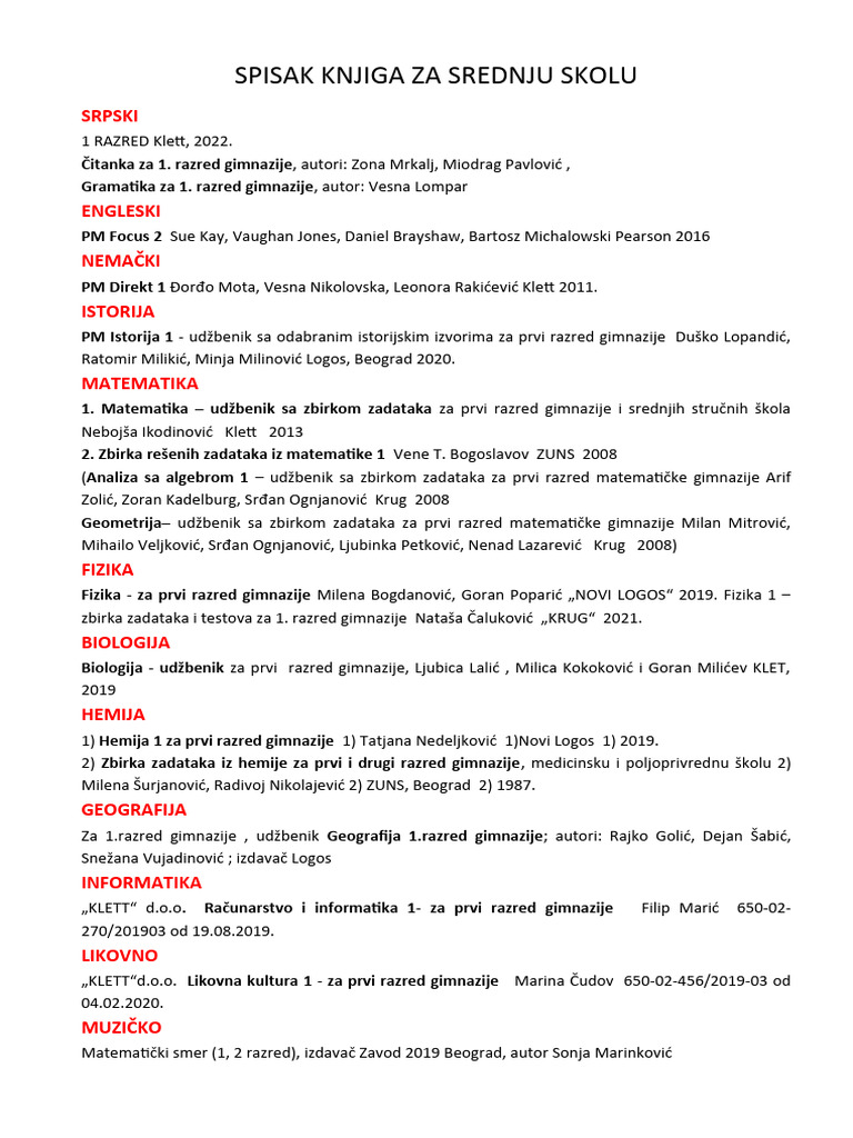 SPISAK KNJIGA Gimnazija | PDF