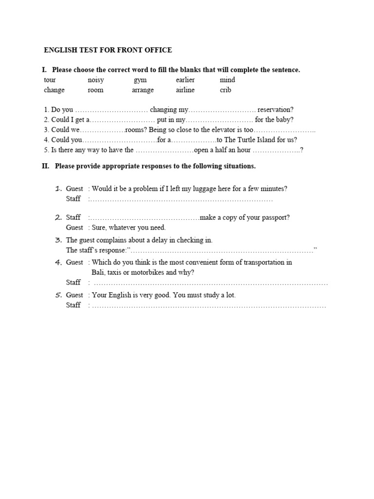Front Office English Proficiency Test | PDF