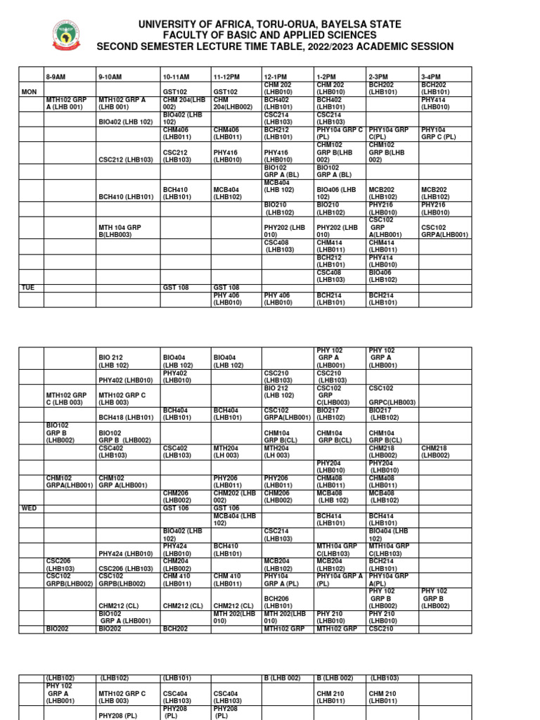 Adjusted 2ND Semester Lecture Time-Table, 2022-2023 Academic Session | Download Free PDF ...