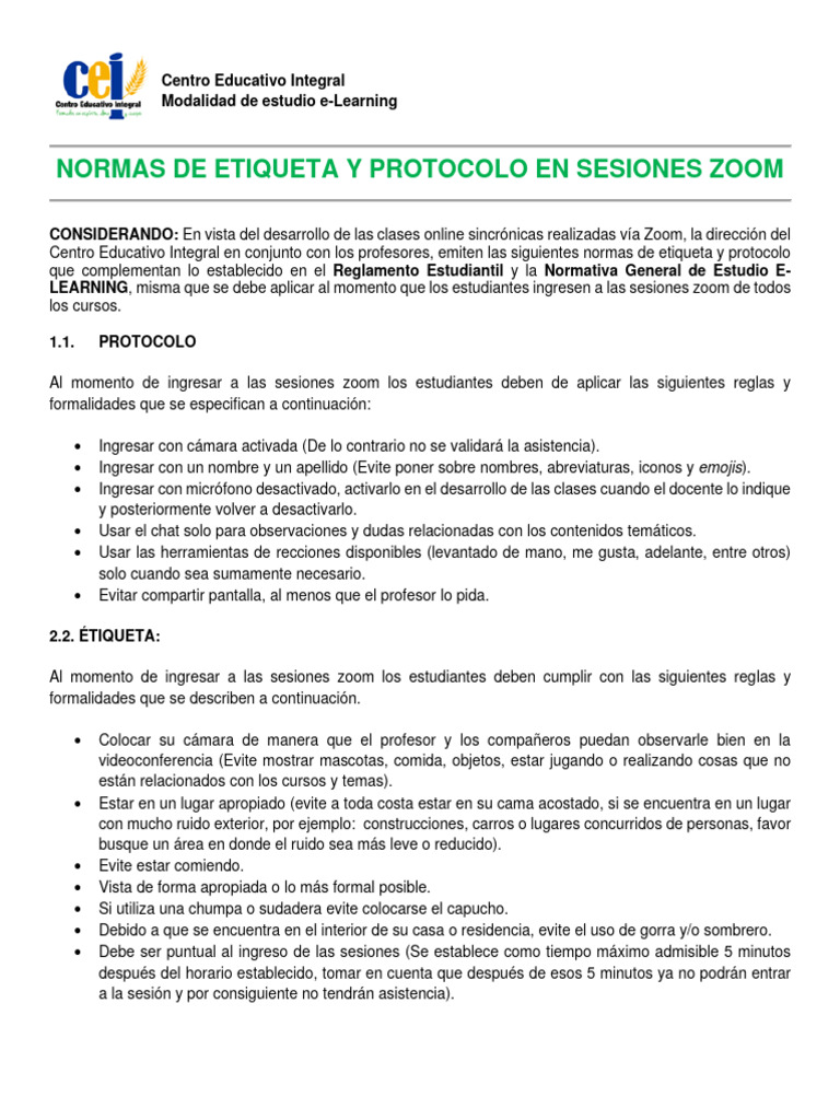 Normas de Etiqueta y Protocolo para Sesiones Zoom | PDF