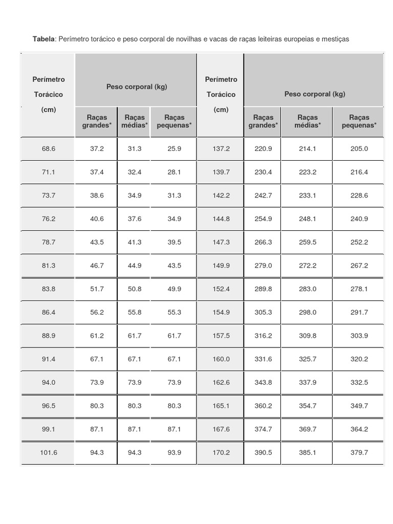 Tabela Do Perimetro Torácico - Pesagem de Novilhas (1 Agro) | PDF