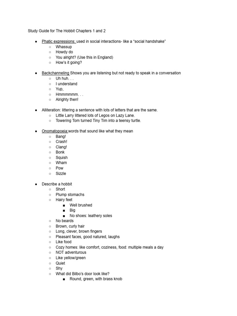 The Hobbit Chapters 1 and 2 Study Guide For Quiz | PDF | Home & Garden ...