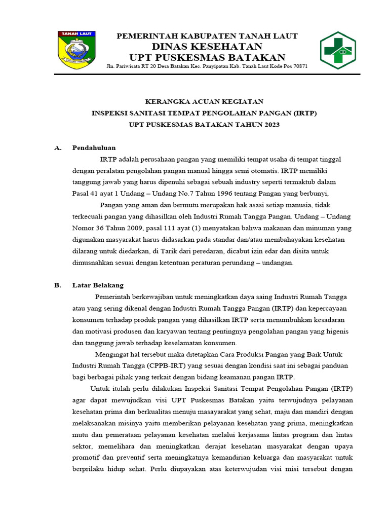 3.KAK Inspeksi Sanitasi Tempat Pengolahan Pangan (IRTP) | PDF