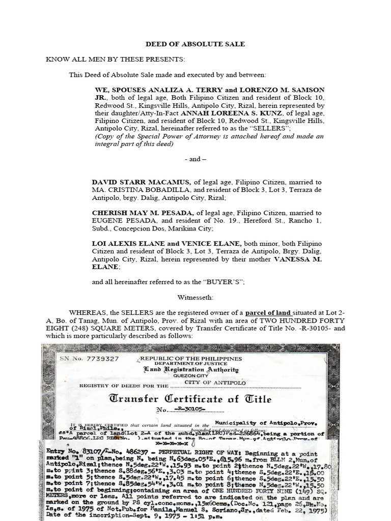 Deed of Absolute Sale of Spouses Analiza A. Terry and Lorenzo M. Samson ...