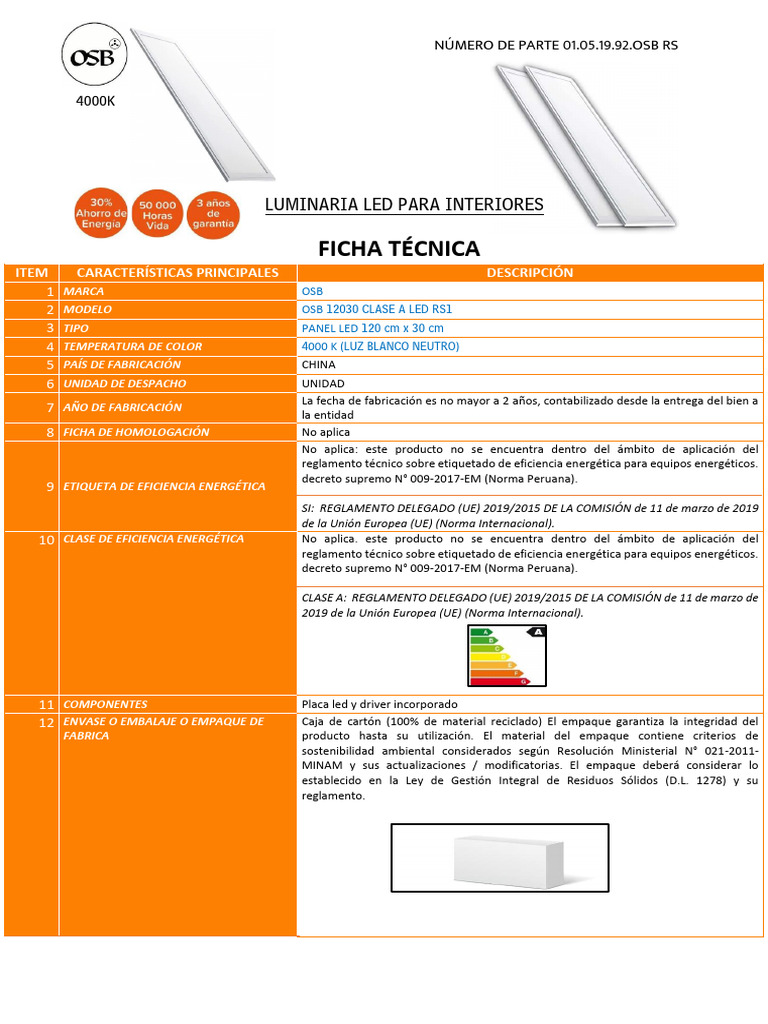 Ficha Técnica: Luminaria Led para Interiores | PDF