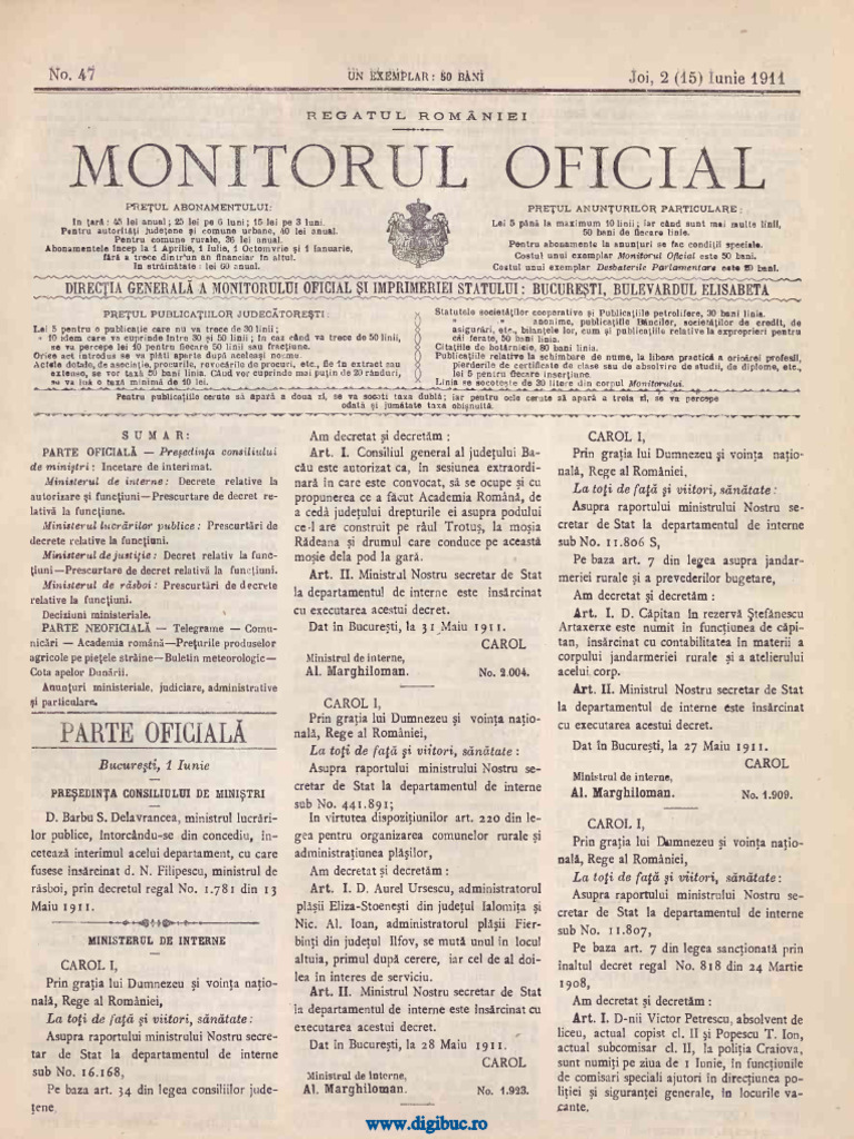 Monitorul Oficial Al României, Nr. 047, 2 Iunie 1911 | PDF