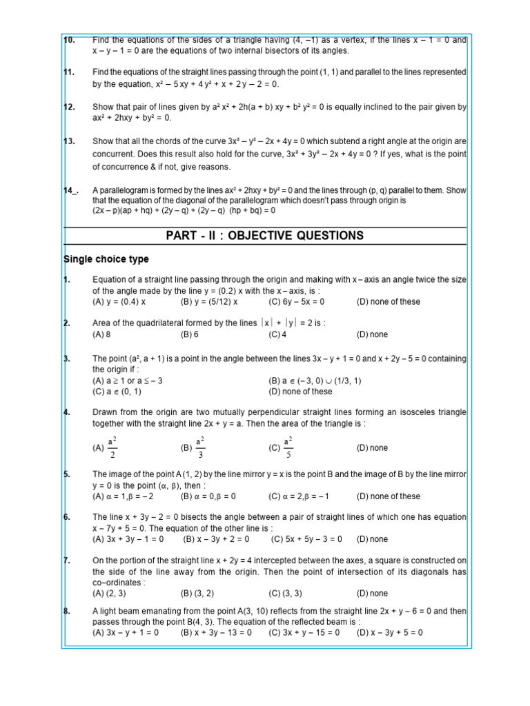 Straight Lines Practice questions jee cordinate geometry | PDF | Line ...