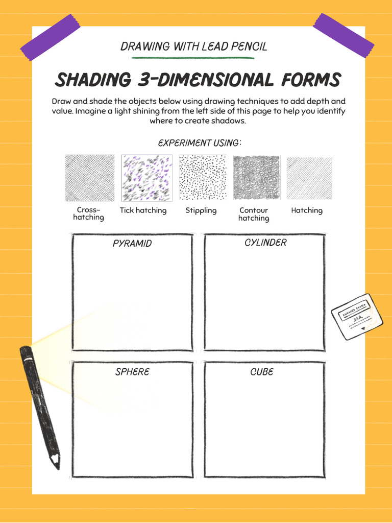 Shading 3-Dimensional Forms Worksheet in Yellow Pink Hand Drawn ...