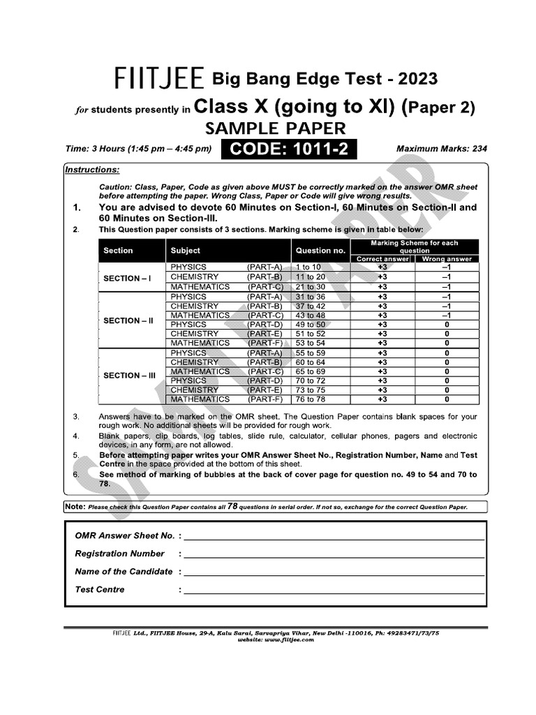 Sample Paper of Fitjee 2 | PDF