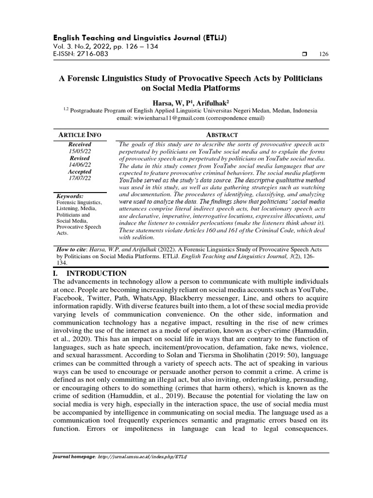 A Forensic Linguistics Study of Provocative Speech Acts by Politicians On Social Media Platforms ...