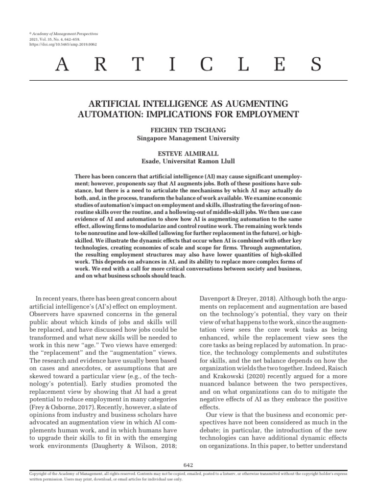 Artificial Intelligence As Augmenting Automation - Implications For Employment | PDF | Computers