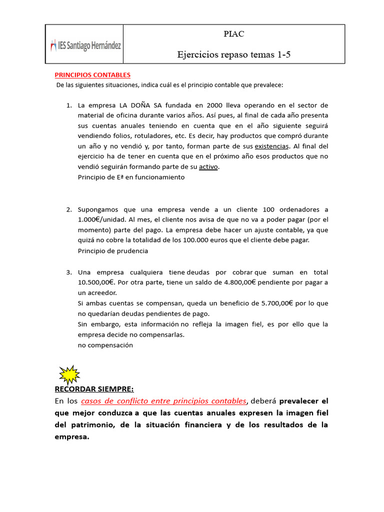 EJERCICIOS REPASO TEMAS 1-5 Contabilidad | PDF