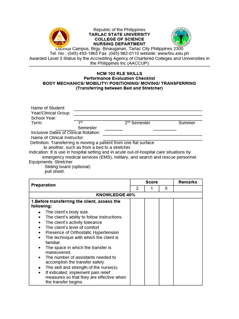 Procedural Checklist Transferring Between Bed and Stretcher | PDF