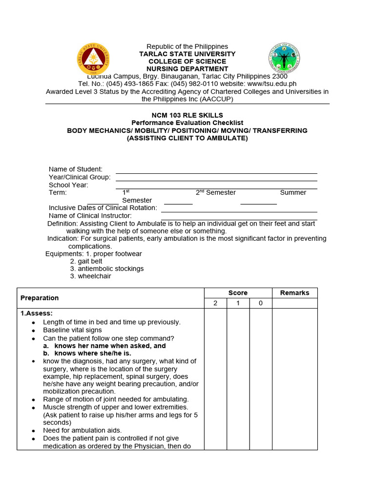 Procedural Checklist Assisting Client To Ambulate | PDF