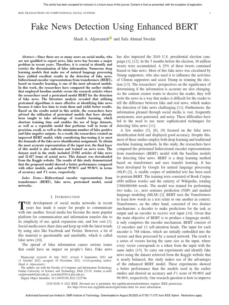 Fake News Detection Using Enhanced BERT | PDF | Receiver Operating Characteristic | Sensitivity ...
