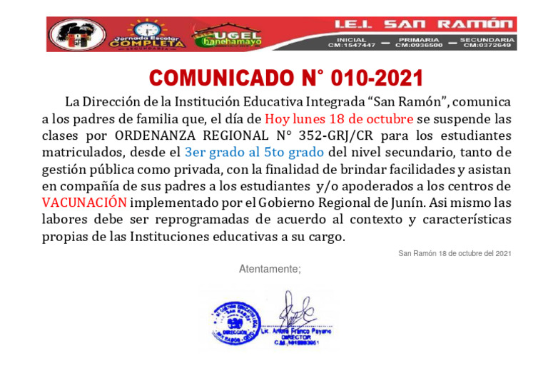 COMUNICADO #010-2021: Hoy Lunes 18 de Octubre | PDF