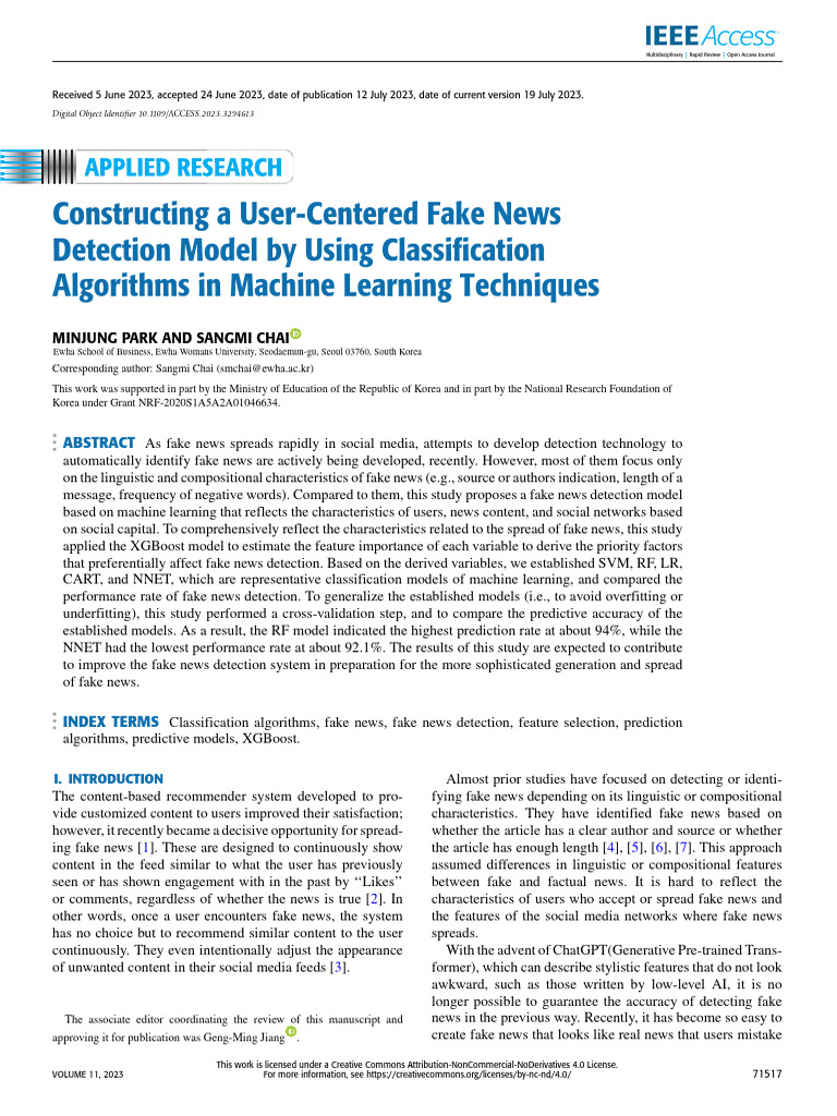 Constructing A User Centered Fake News Detection Model By Using Classification Algorithms In