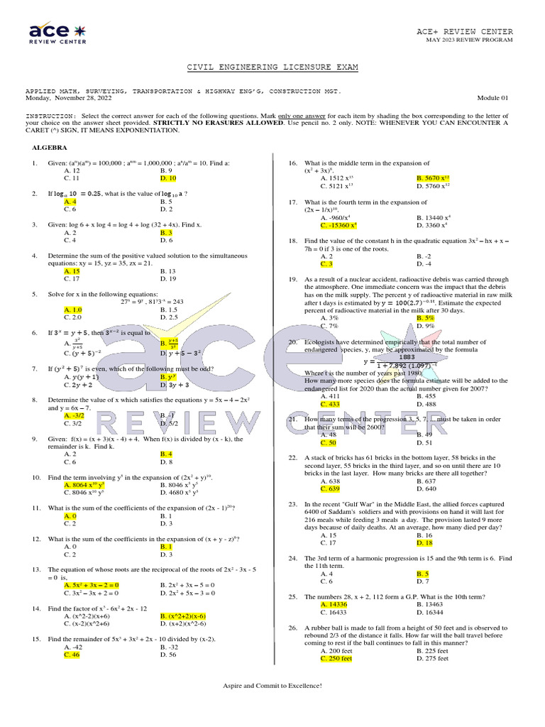 CE Module 1 - Algebra (Answer Key) | PDF