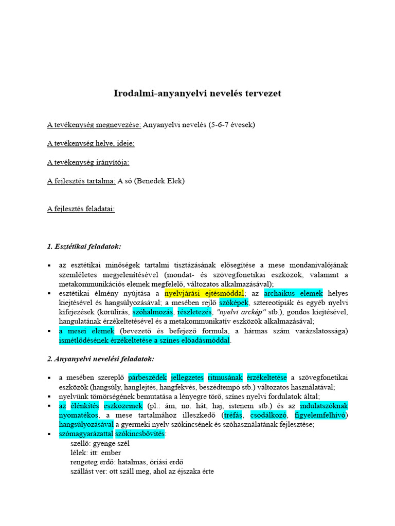 ANYANYELVI, MESE - Tervezet | PDF