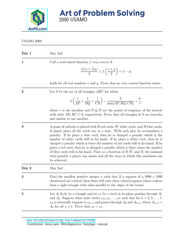 2000 Usamo: Contributors: Lomos Lupin, Mithsapprentice, Fuzzylogic ...