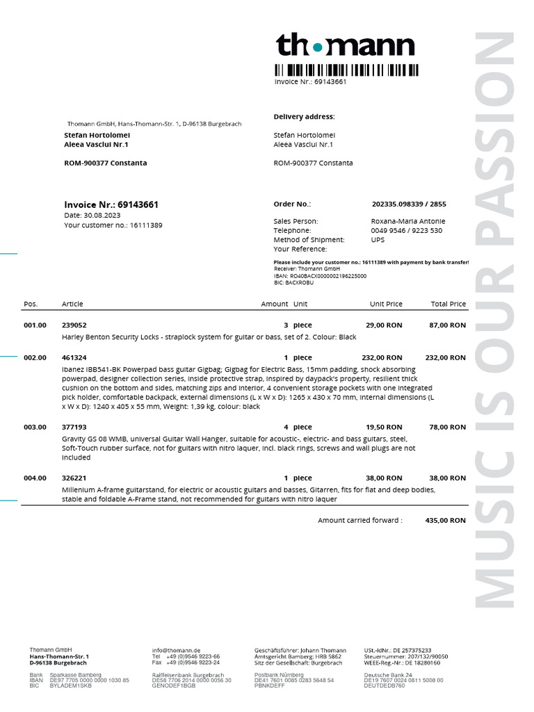 Invoice NR.: 69143661: Receiver: Thomann GMBH Iban ...