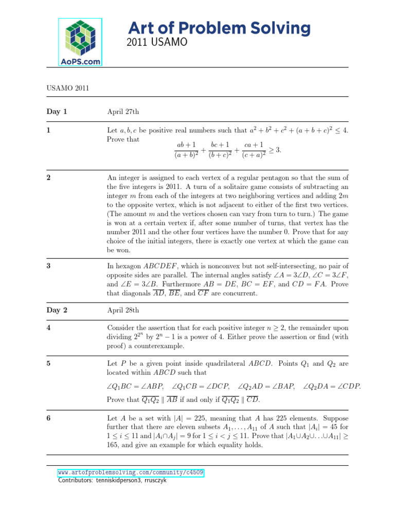 2011 USAMO: Contributors: Tenniskidperson3, Rrusczyk | PDF