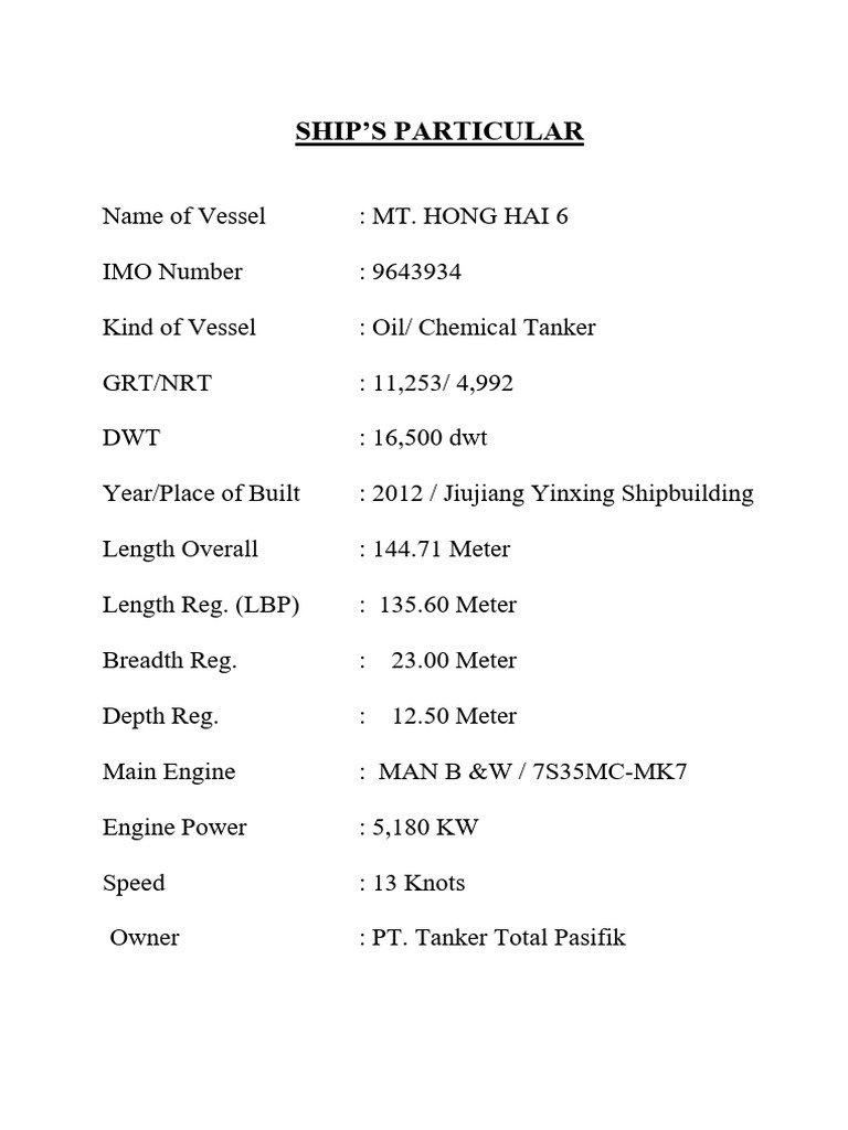Ship's Particulars - MT Hong Hai 6 | PDF