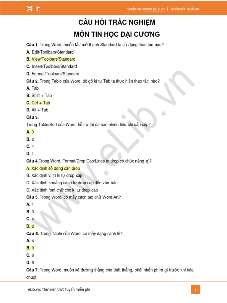 Trac Nghiem Tin Hoc Dai Cuong Co Dap An9 | PDF